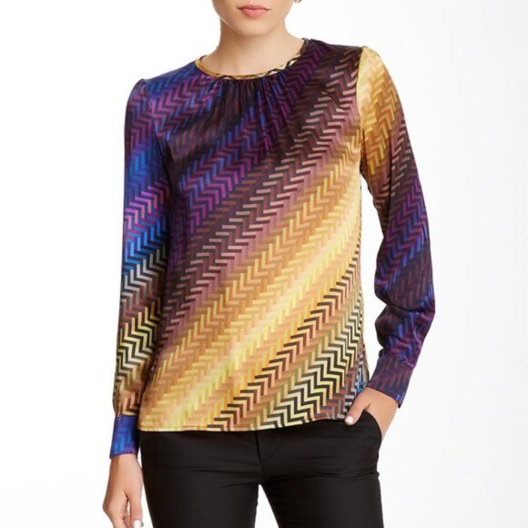 Trina Turk | Tops | Trina Turk Purple And Gold Graphic Long Sleeve Silk ...